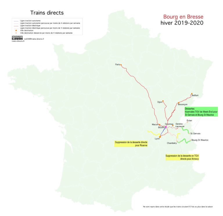 Carte des trains directs au départ de Bourg en Bresse en 2020