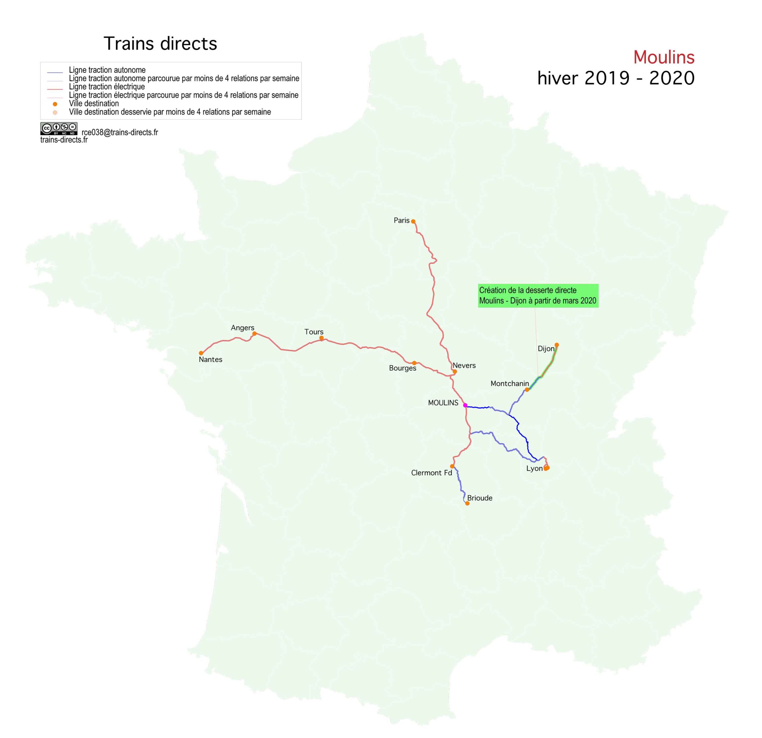 Carte des trains directs au départ de Moulins sur Allier en 2020