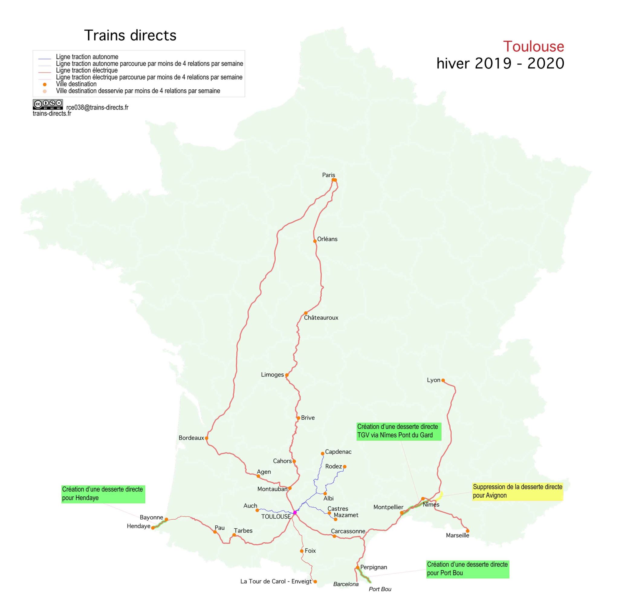 Carte des trains directs au départ de Toulouse en 2020.