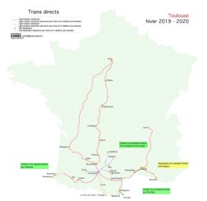 Carte des trains directs au départ de Toulouse en 2020.