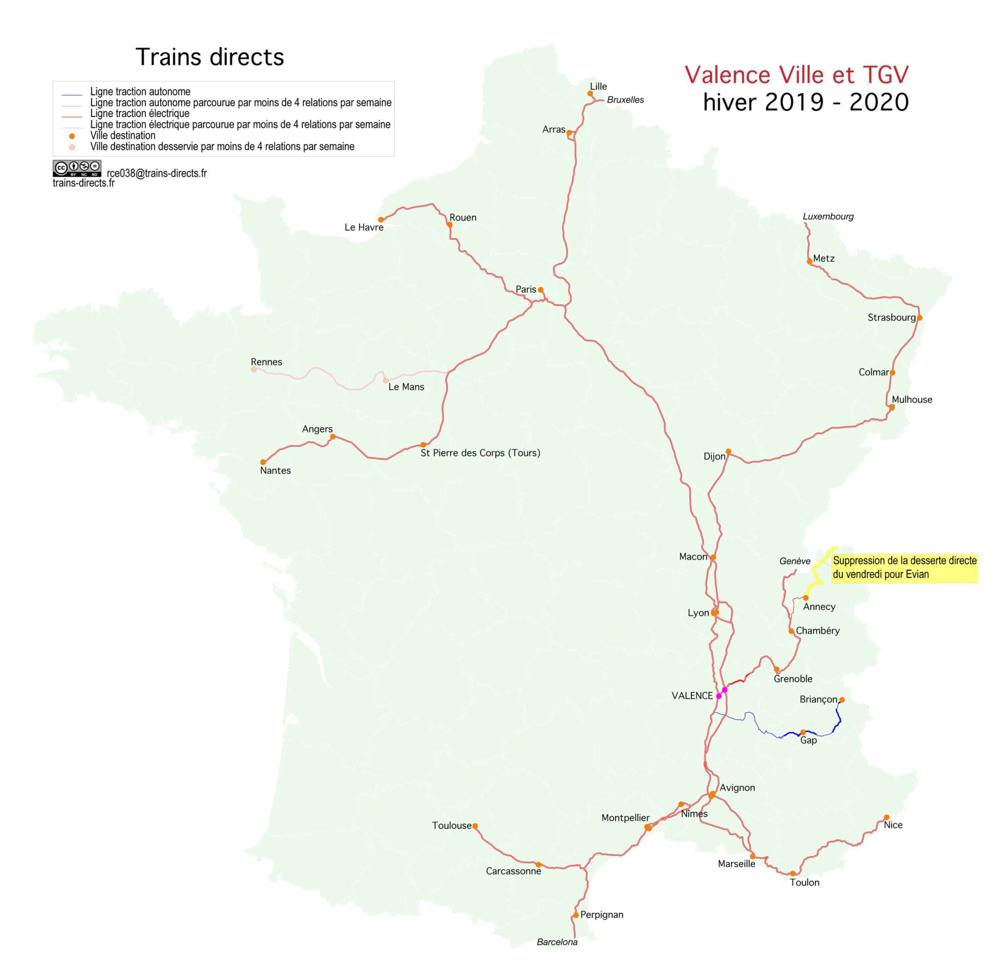 Carte des trains directs au départ de Valence en 2020