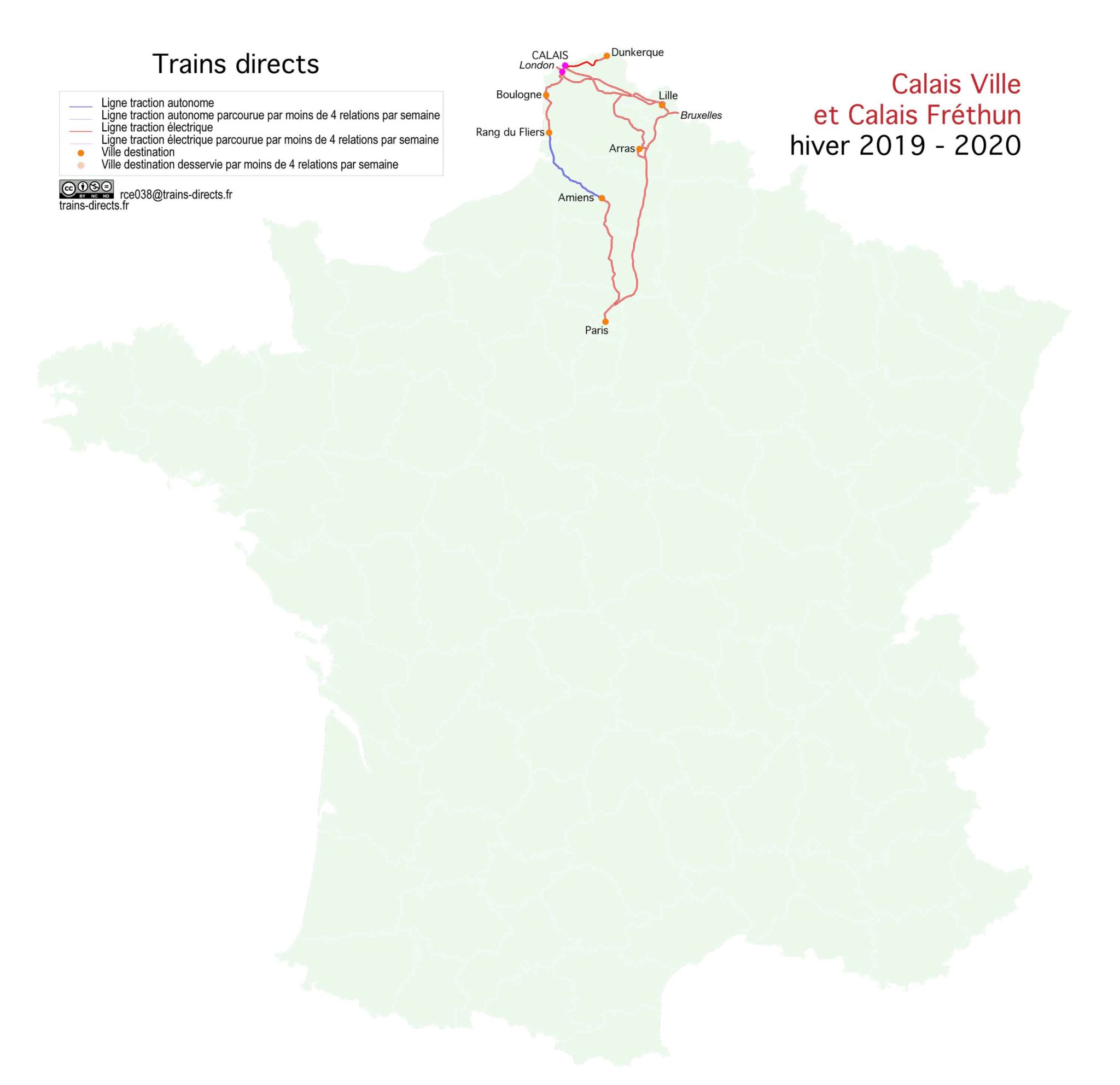 Carte des trains directs au départ de Calais en 2020