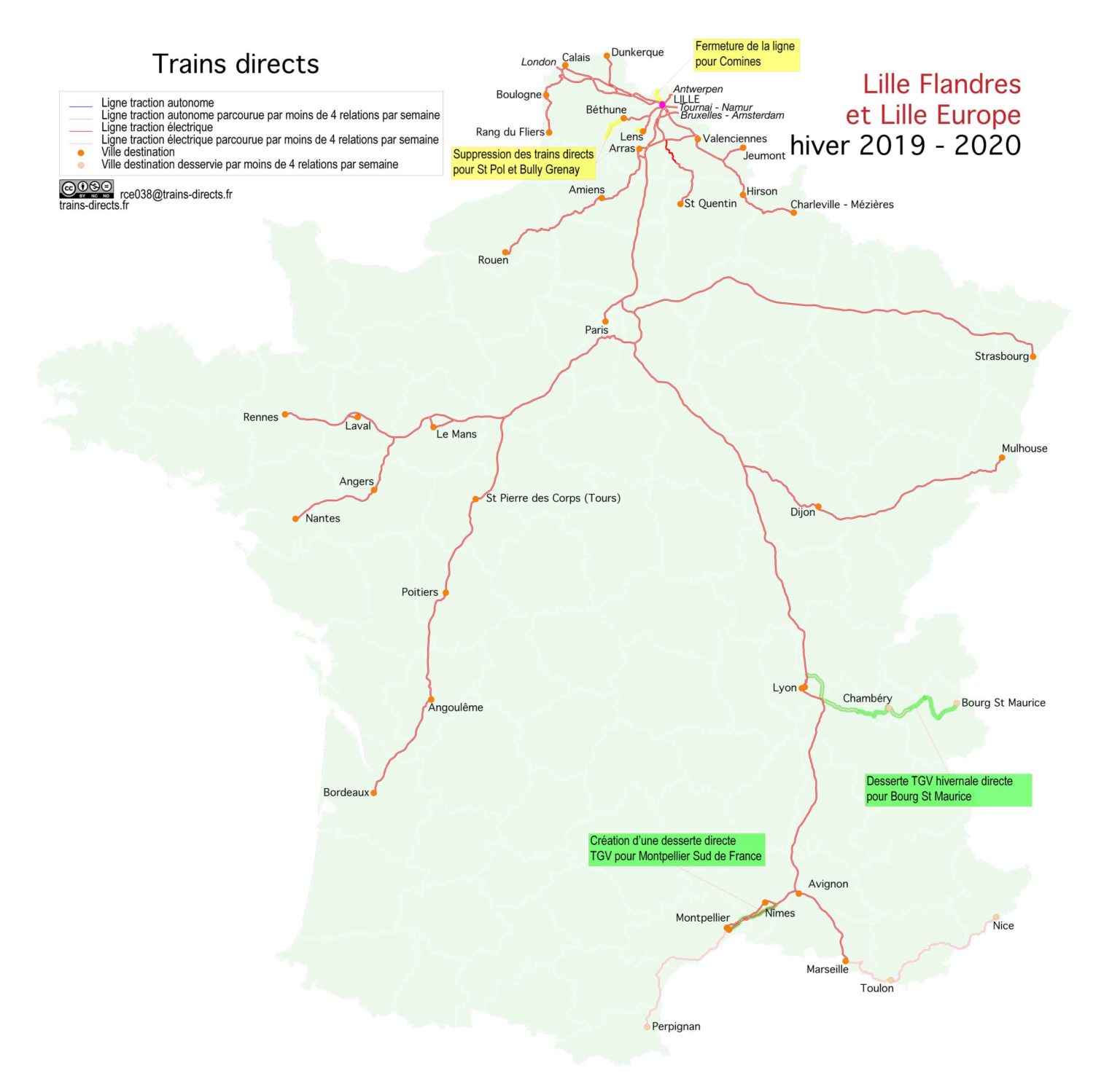 Carte des trains directs au départ de Lille en 2020.