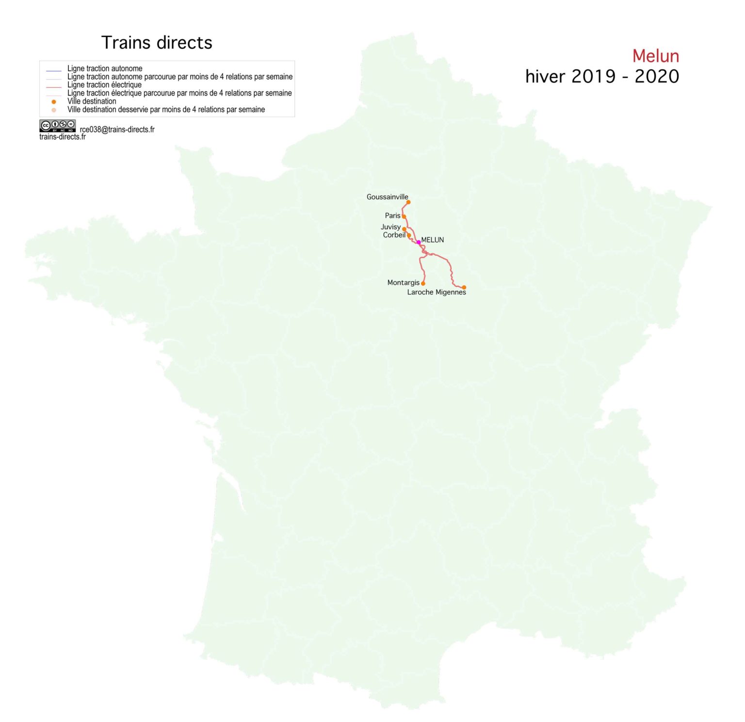 Carte des trains directs au départ de Melun en 2020