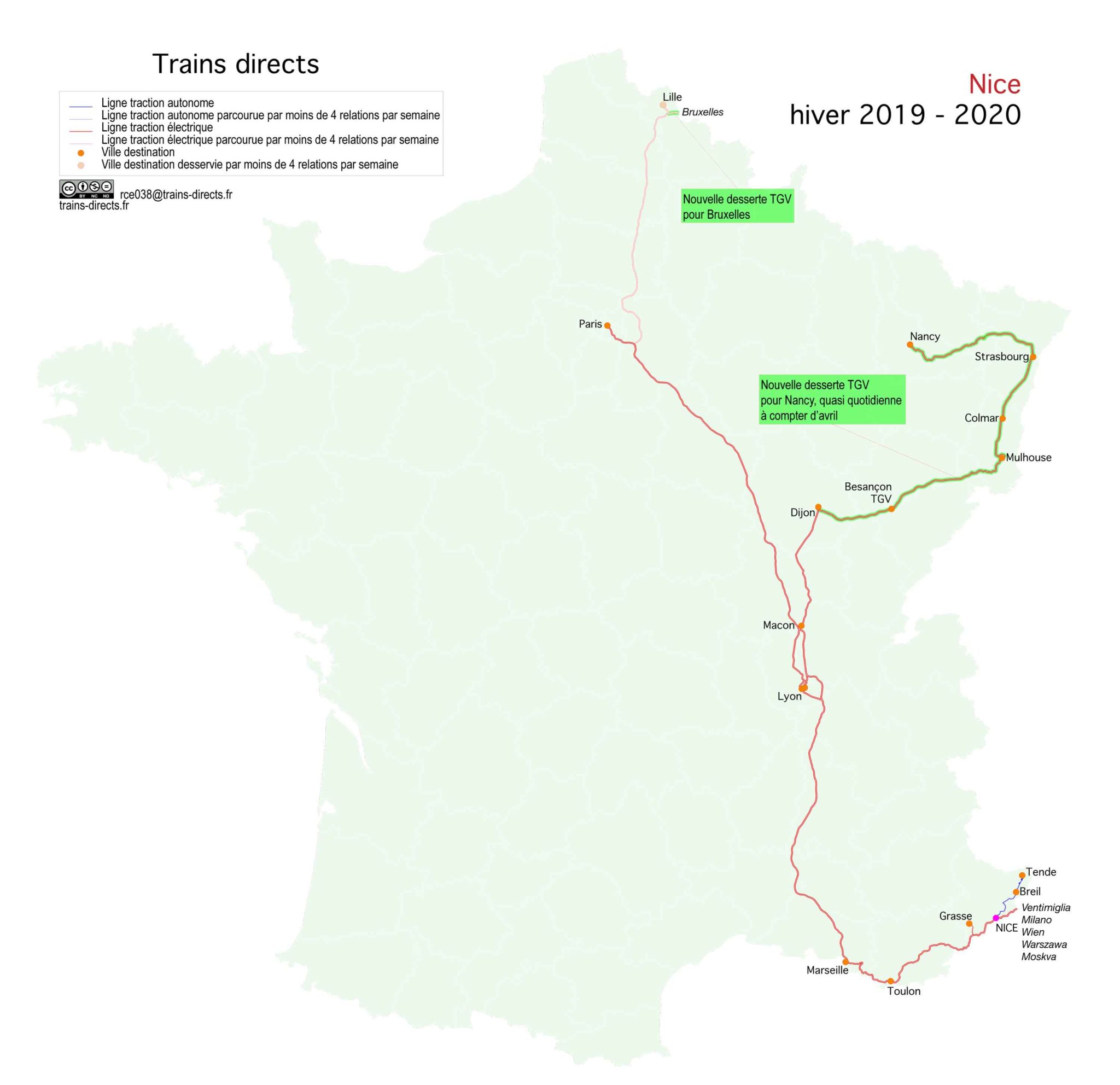 Carte des trains directs au départ de Nice en 2020
