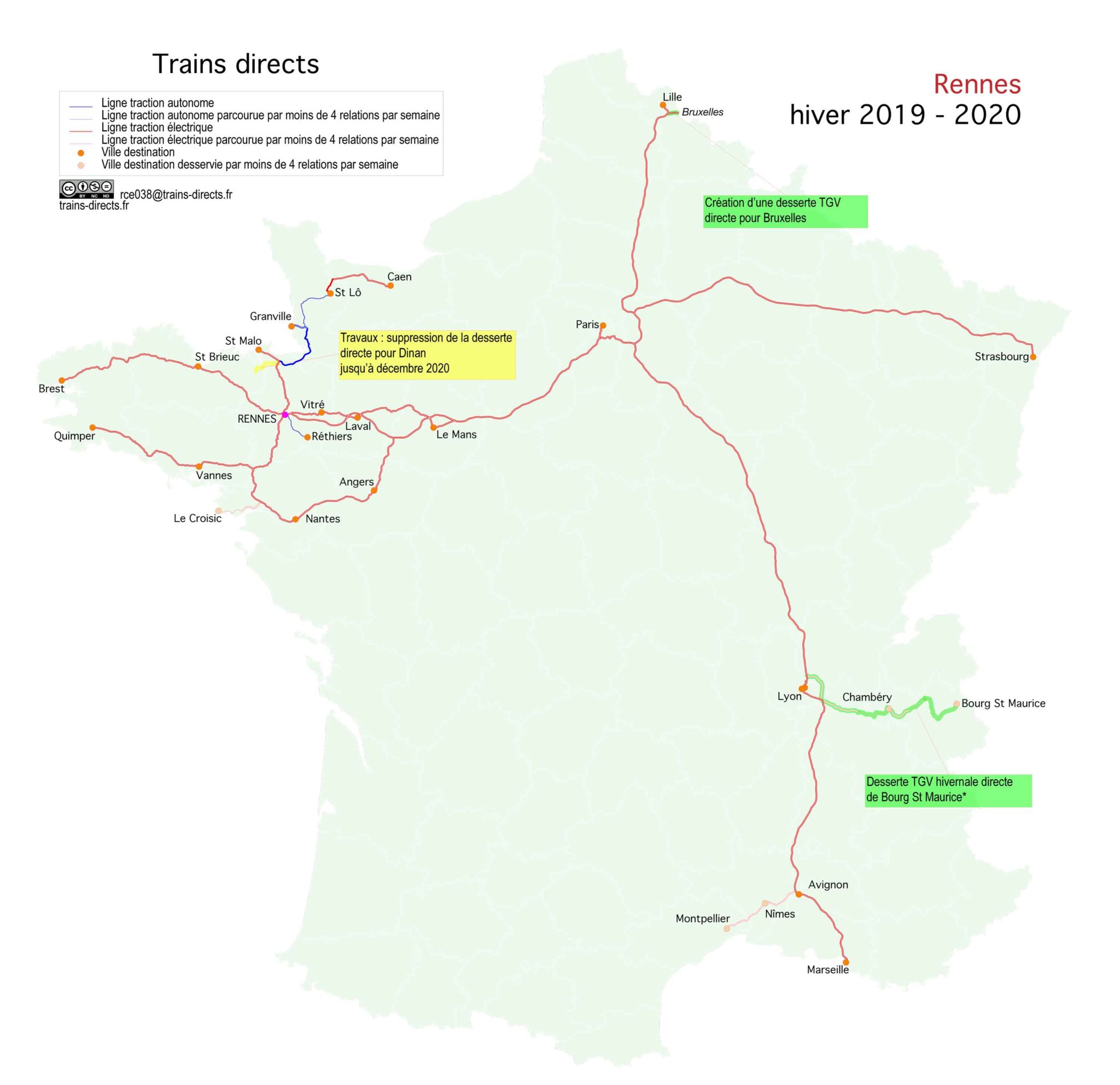 Carte des trains directs au départ de Rennes en 2020