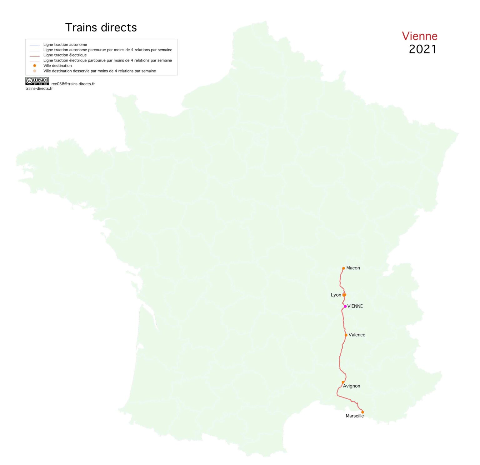 Carte des trains directs au départ de Vienne en 2021